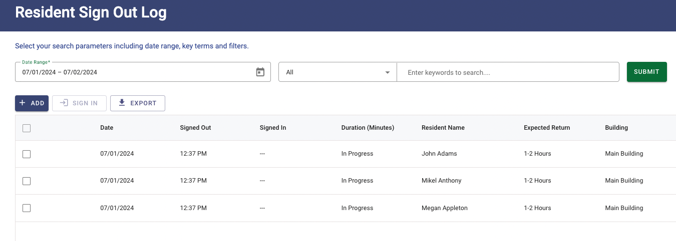 Guest & Resident Sign-In / Out From the Dashboard